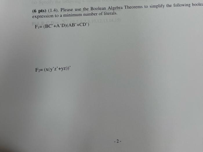 Solved 6 Pts 14 Please Use The Boolean Algebra 0439