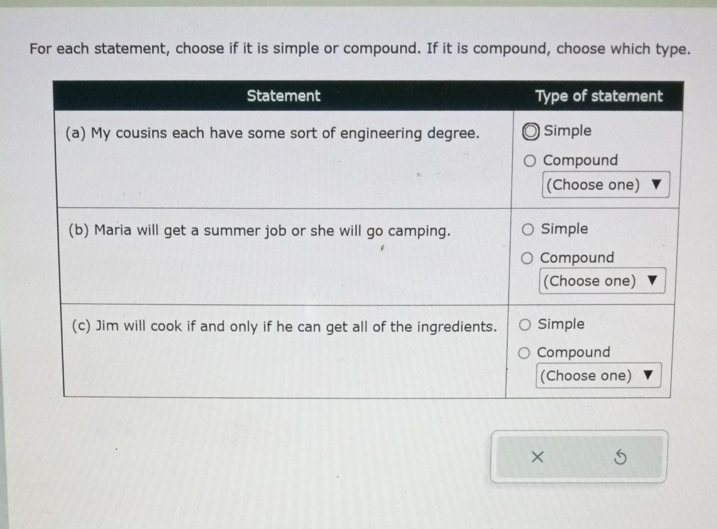 Solved For each statement, choose if it is simple or | Chegg.com