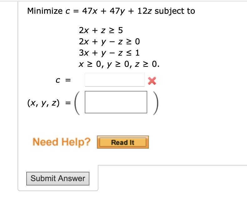 Solved Minimize c=47x+47y+12z ﻿subject | Chegg.com