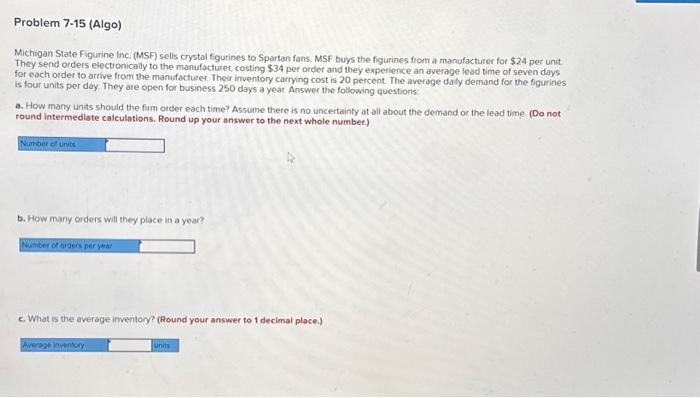 Solved Problem 7-15 (Algo) Michigan State Figurine Inc. | Chegg.com