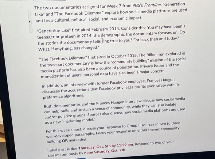 The two documentaries assigned for Week 7 from PBS's | Chegg.com