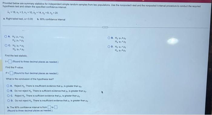 Solved Provided below are summary statistics for independent | Chegg.com