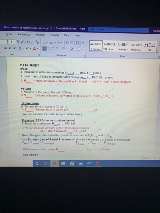 Solved Determination of molar mass of Butane gas (1) - | Chegg.com