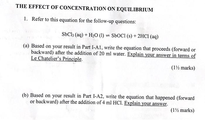 Solved THE EFFECT OF CONCENTRATION ON EQUILIBRIUM 1. Refer | Chegg.com