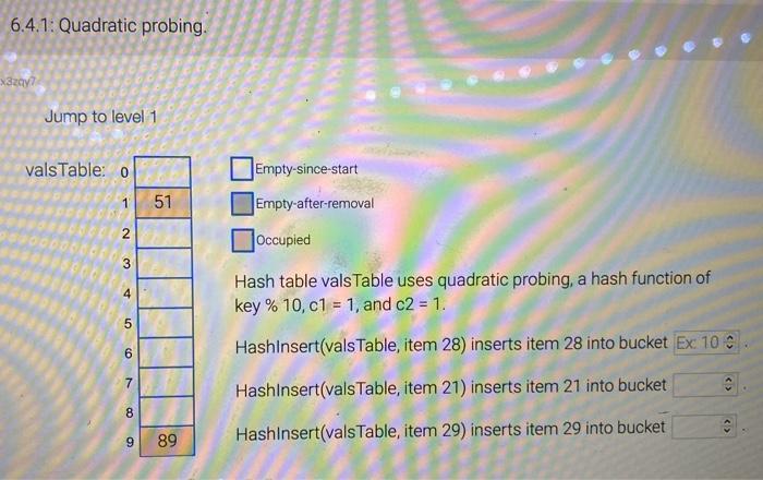 Solved 6.4.1: Quadratic probing. Jump to level 1 valsTable: | Chegg.com