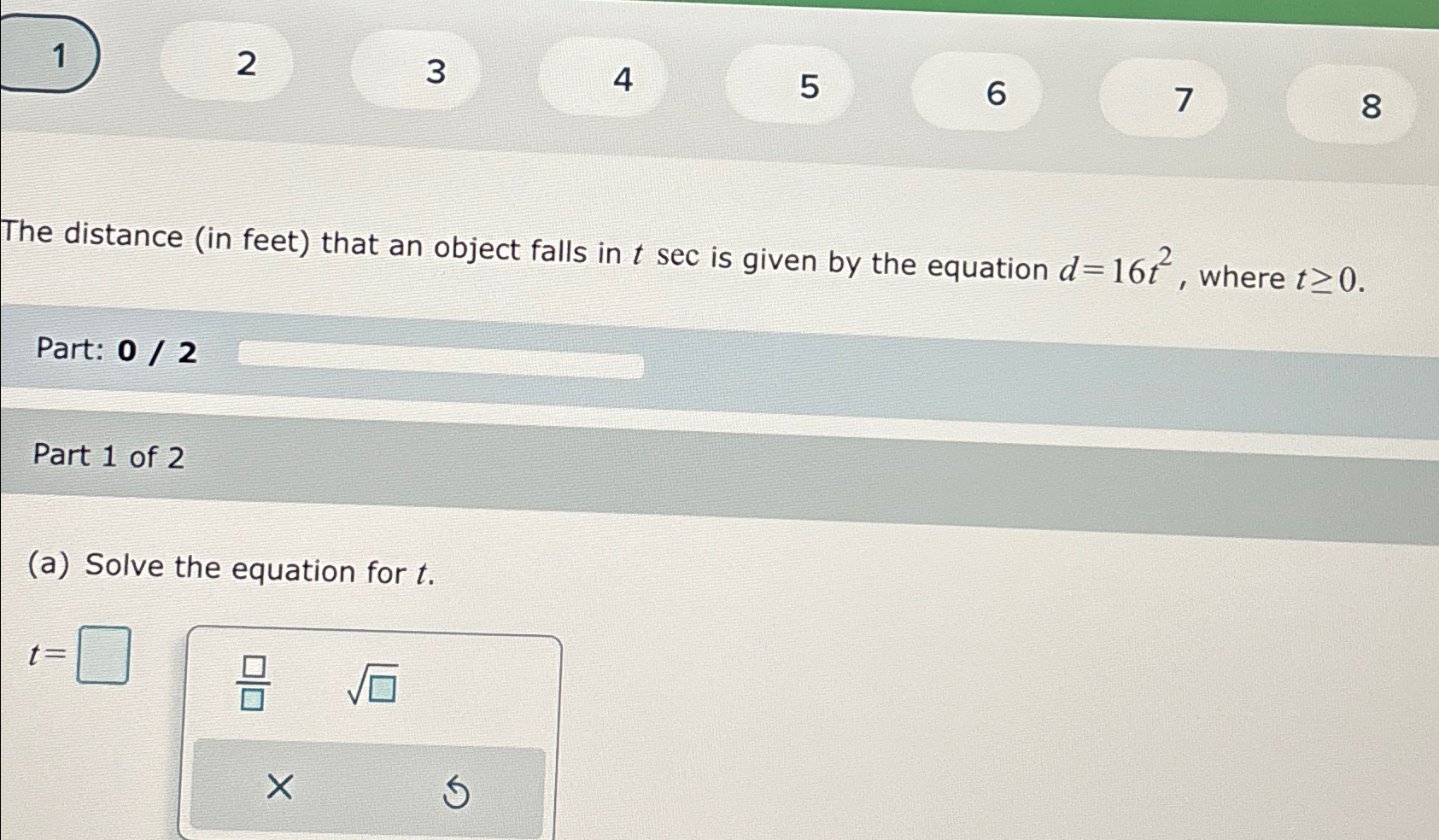 Solved 123458The distance (in feet) ﻿that an object falls in | Chegg.com