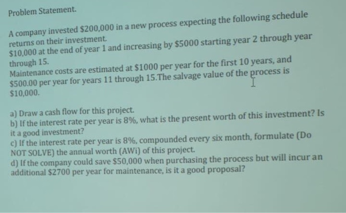 Solved Problem Statement A company invested $200,000 in a | Chegg.com