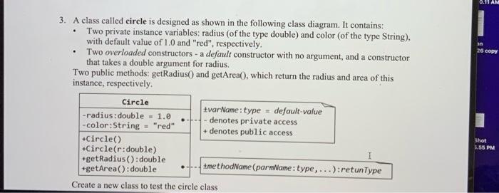 0.11 AM an 26 copy 3. A class called circle is | Chegg.com