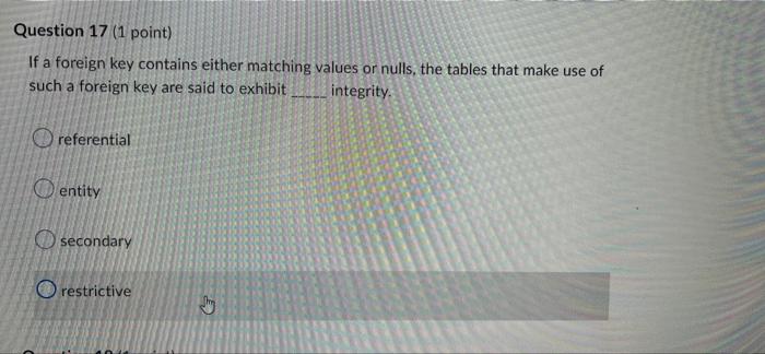 Solved Question 17 (1 point) If a foreign key contains | Chegg.com