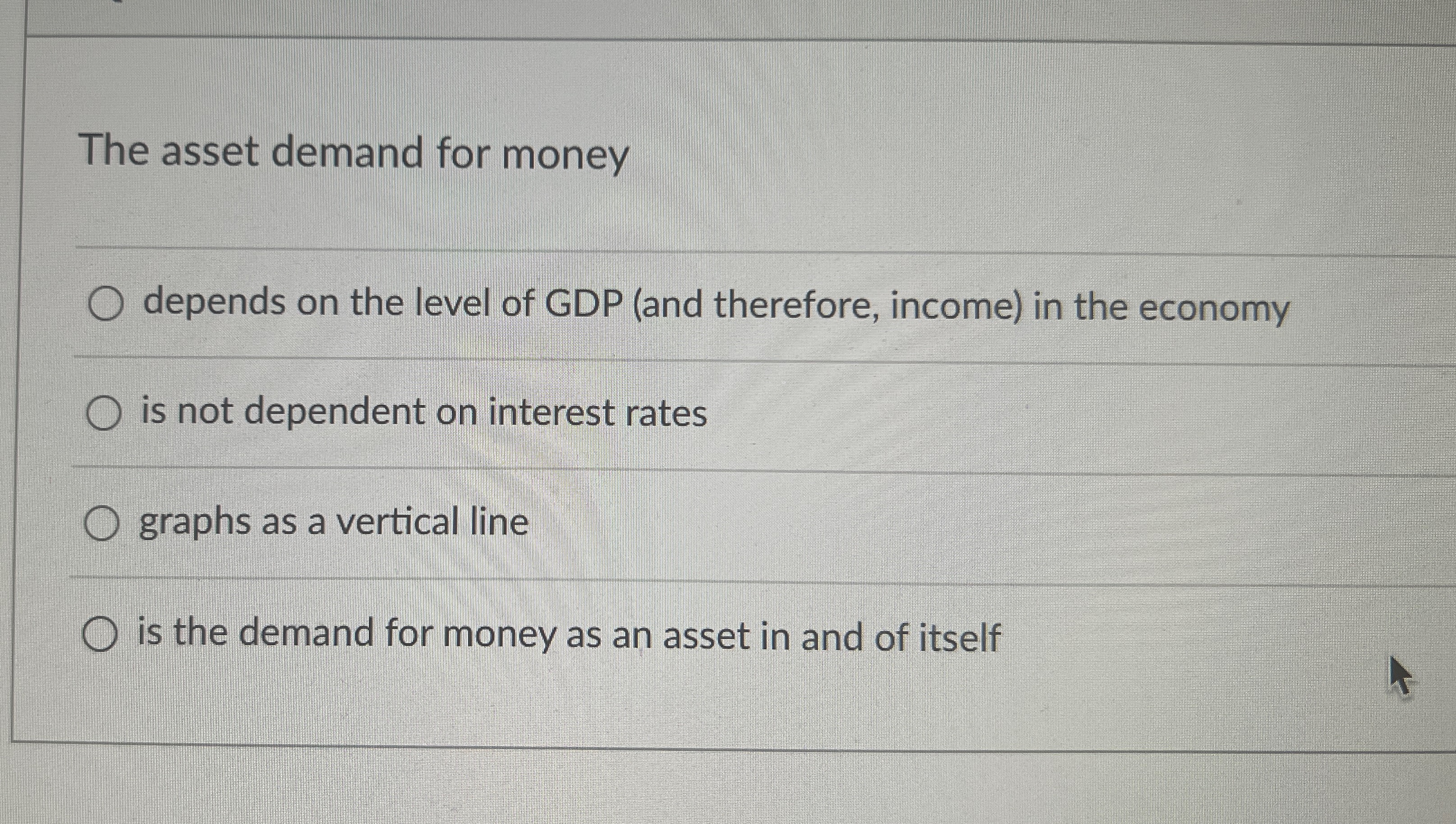 Solved The asset demand for money ﻿depends on the level of | Chegg.com