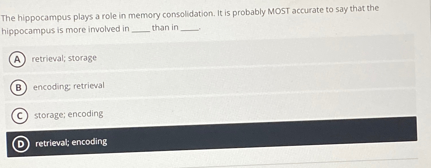 Solved The hippocampus plays a role in memory consolidation. | Chegg.com