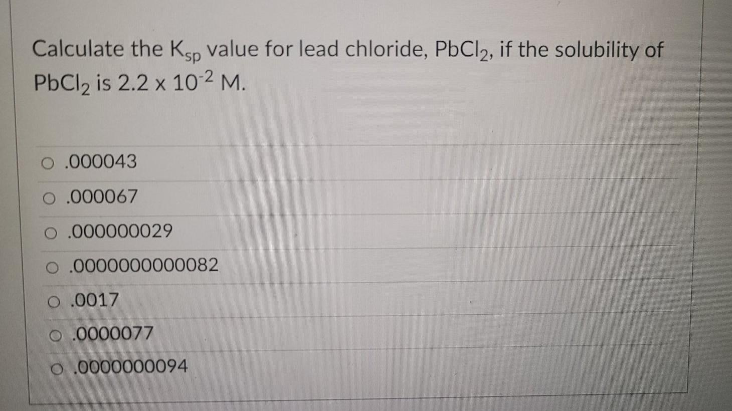 Solved Calculate the Ksp value for lead chloride, PbCl2, if | Chegg.com