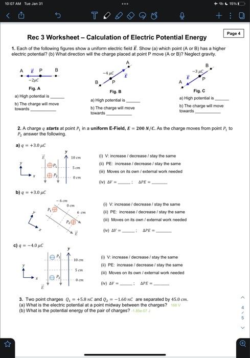 Rec 3 Worksheet - Calculation of Electric Potential | Chegg.com