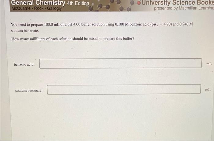 Solved You need to prepare 100.0 mL of a pH4.00 buffer | Chegg.com