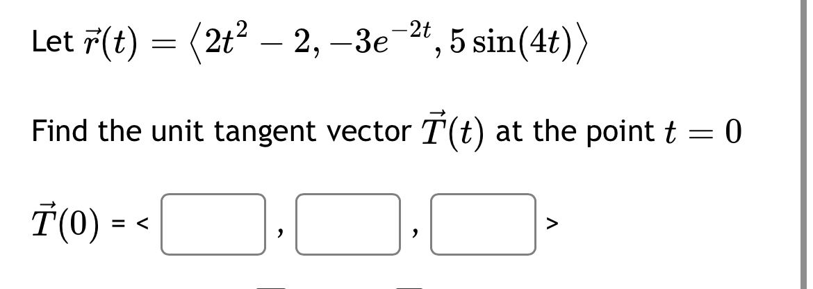 Solved Let vec(r)(t)=(:2t2-2,-3e-2t,5sin(4t):)Find the unit | Chegg.com