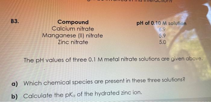 Solved The pH values of three 0.1M metal nitrate solutions | Chegg.com