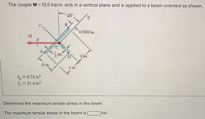 Solved The couple M = 13.5 kip-in. acts in a vertical plane | Chegg.com
