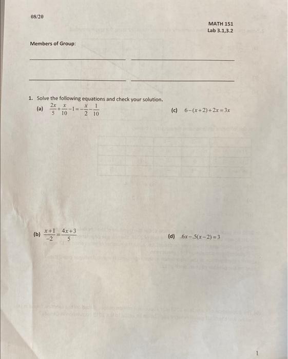 Solved 08/20 MATH 151 Lab 3.1,3.2 Members of Group: 1. Solve | Chegg.com