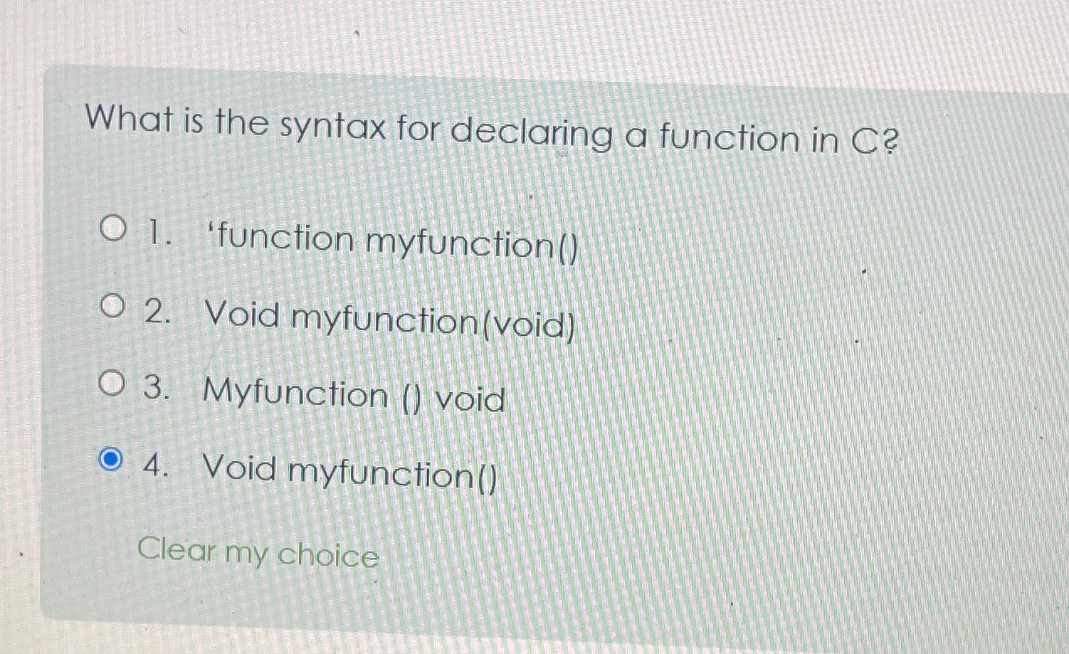 Solved What is the syntax for declaring a function in | Chegg.com Solved What is the syntax for declaring a function in | Chegg.com