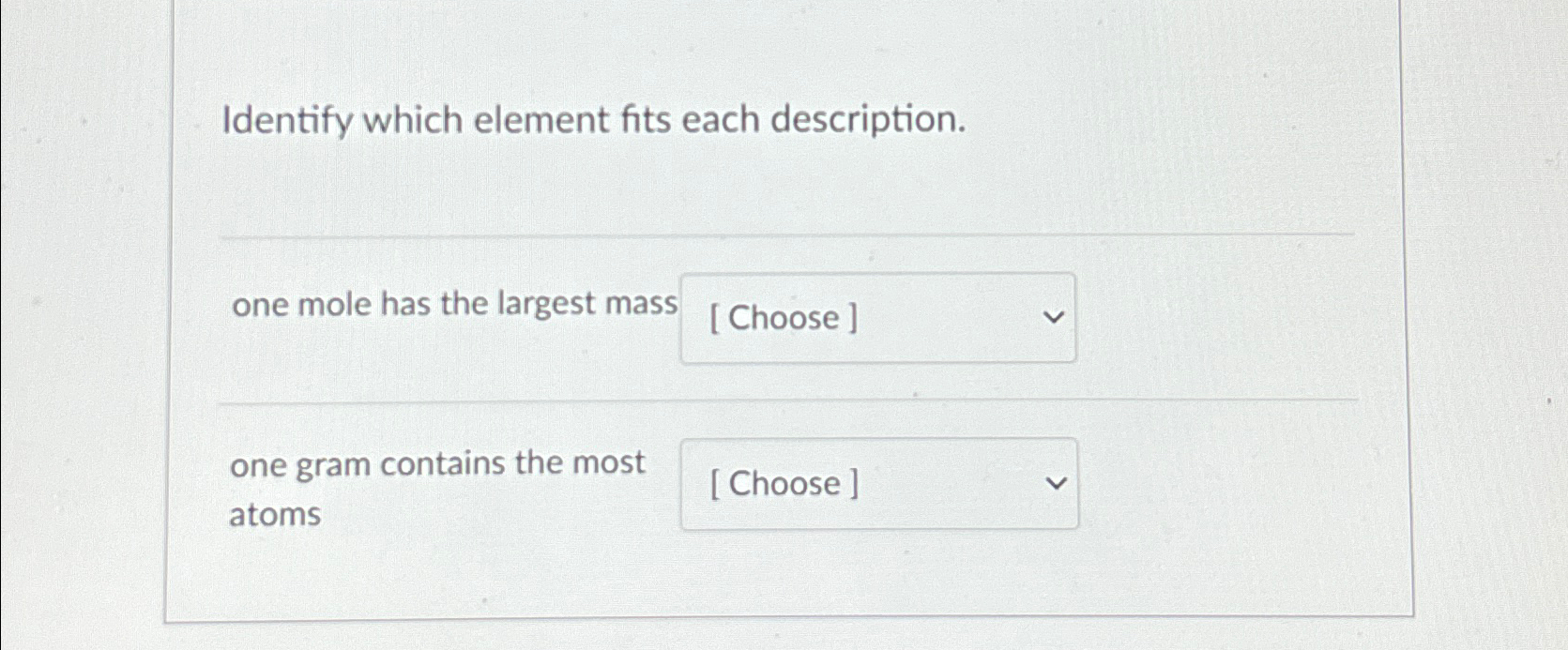 Solved Identify which element fits each description.one mole | Chegg.com