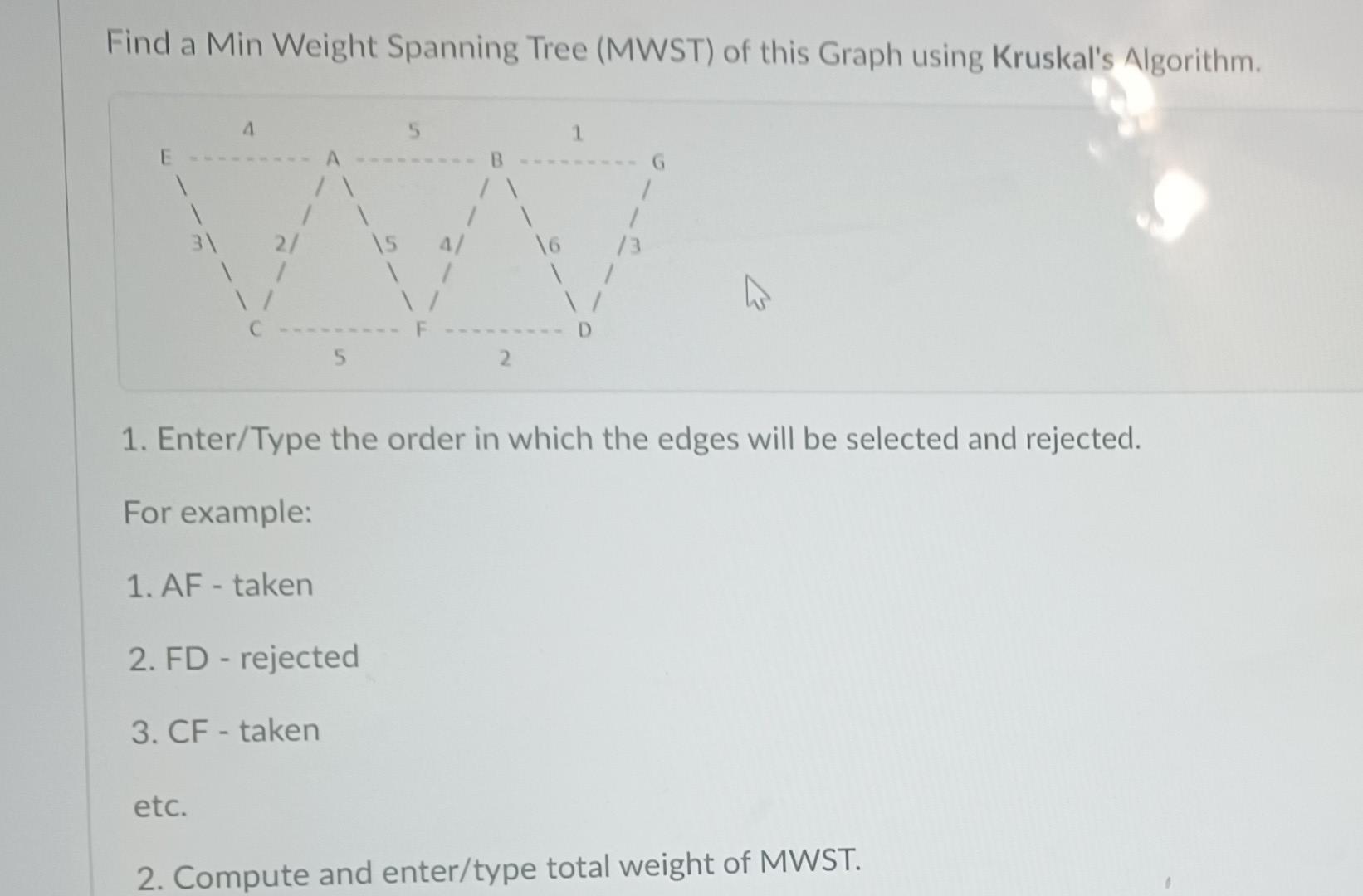 Solved Find a Min Weight Spanning Tree (MWST) of this Graph | Chegg.com