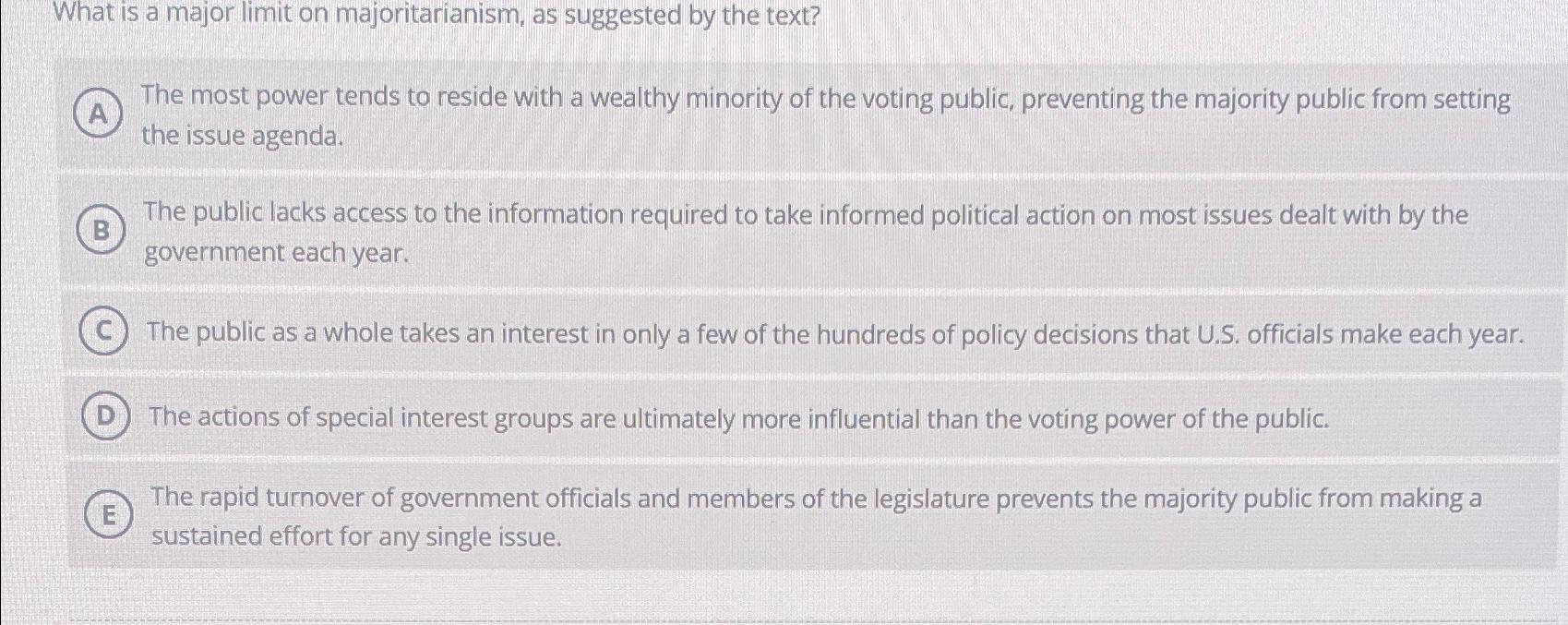 Solved What is a major limit on majoritarianism, as | Chegg.com