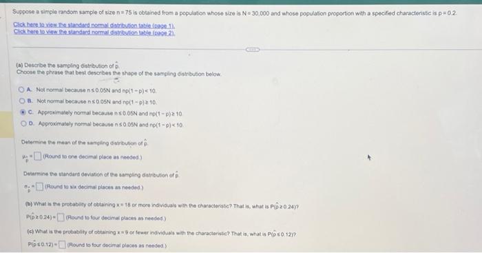 Solved Suppose a simple random sample of size n=75 is | Chegg.com