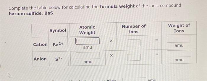 Solved Complete the table below for calculating the formula | Chegg.com