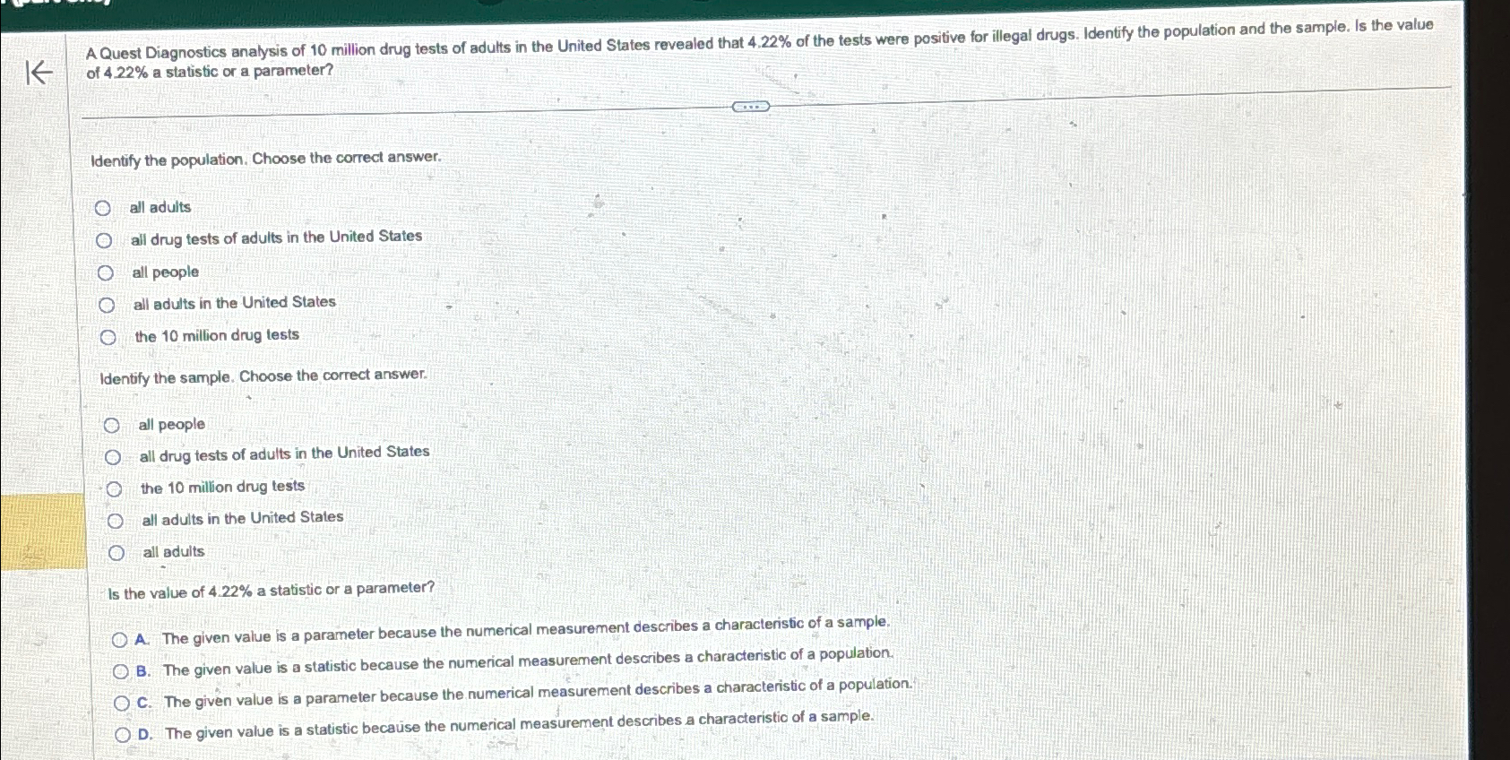 Solved of 4.22% ﻿a statistic or a parameter?Identify the | Chegg.com