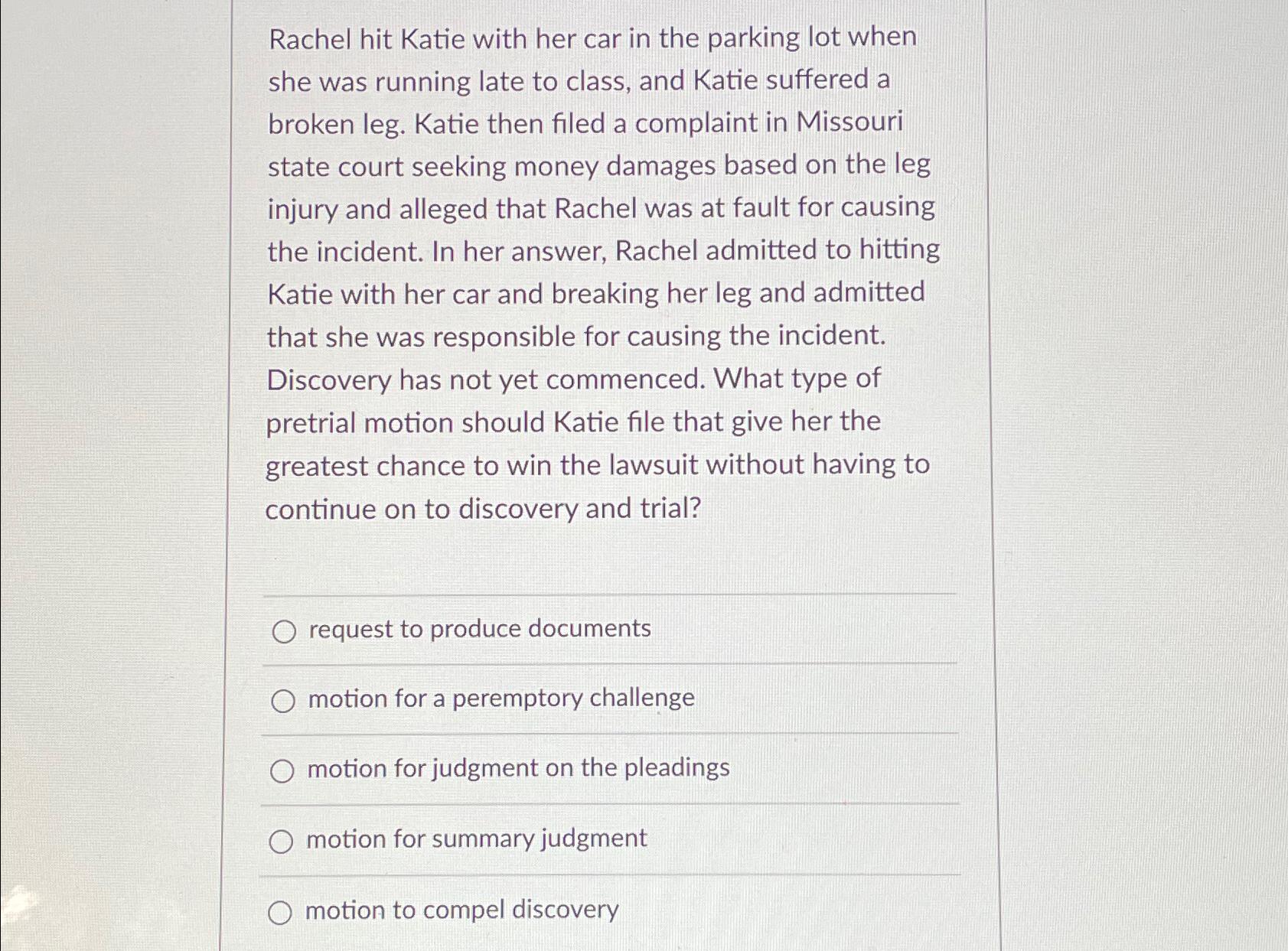 Solved Rachel hit Katie with her car in the parking lot when | Chegg.com