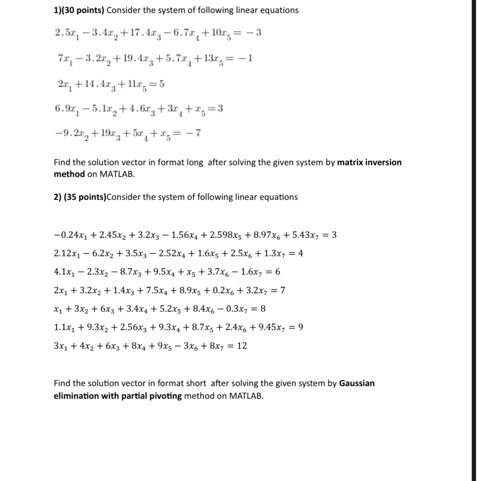 Solved (30 ﻿points) ﻿Consider the system of following linear | Chegg.com