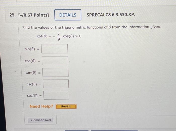 Solved 10.67 Points] SPRECALC8 6.3.530.XP. Find the values | Chegg.com