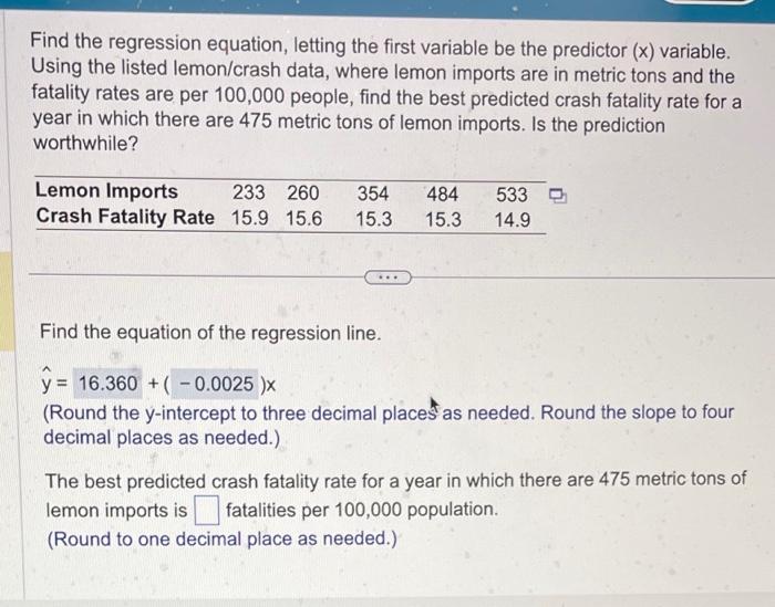 Solved Find the regression equation, letting the first | Chegg.com