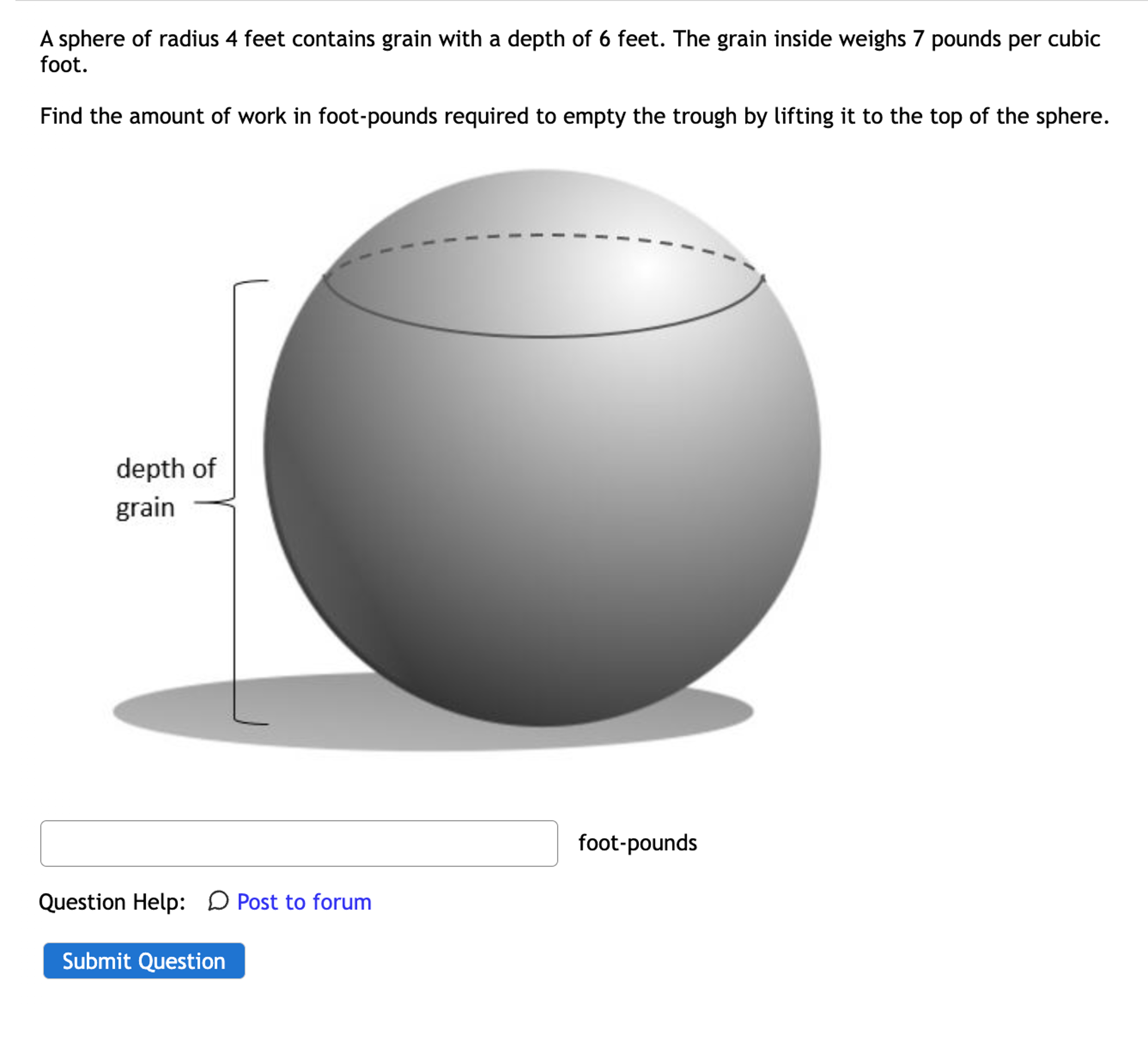 Solved A sphere of radius 4 feet contains grain with a depth | Chegg.com