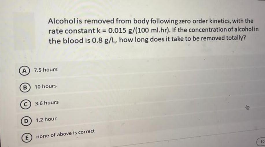 Solved Alcohol is removed from body following zero order | Chegg.com
