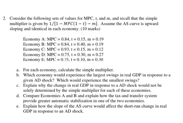 Solved 2. Consider the following sets of values for MPC, t, | Chegg.com
