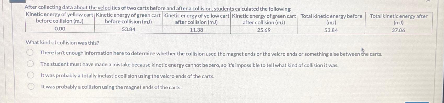 Solved After collecting data about the velocities of two | Chegg.com