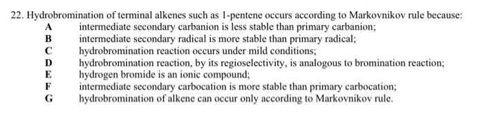 Solved 22. Hydrobromination of terminal alkenes such as | Chegg.com