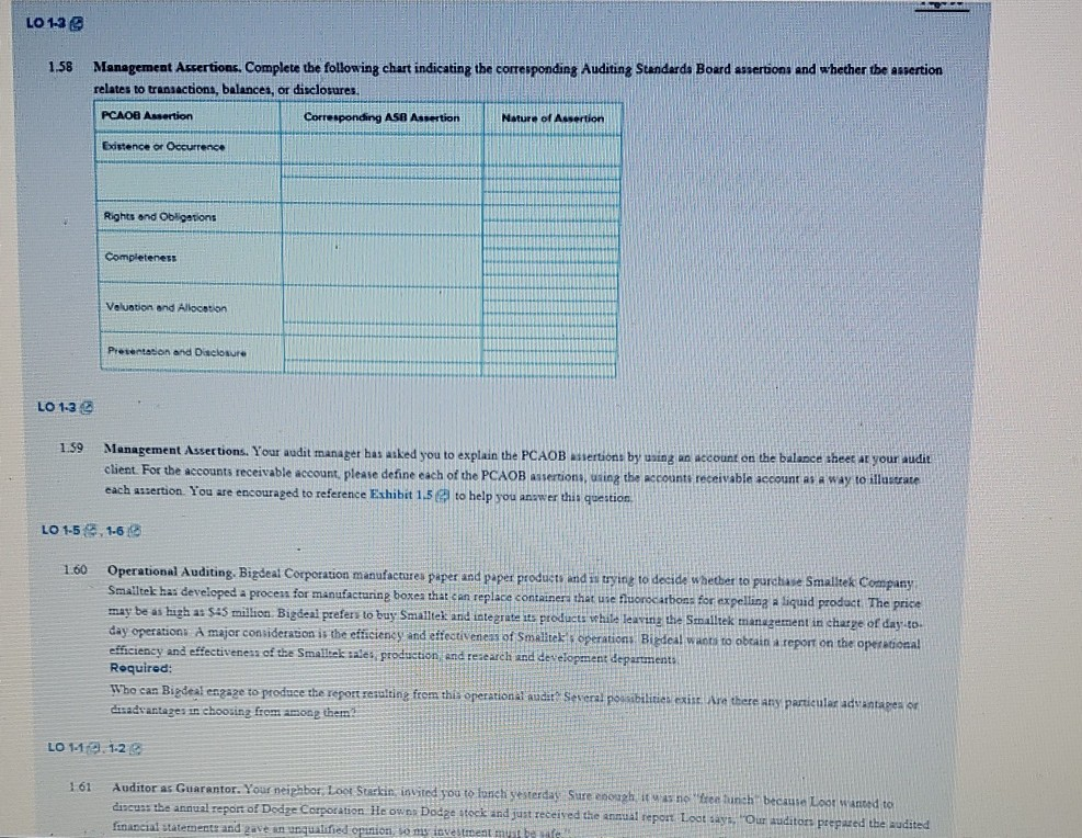 LO 1-39 1.58 Management Assertions. Complete the | Chegg.com
