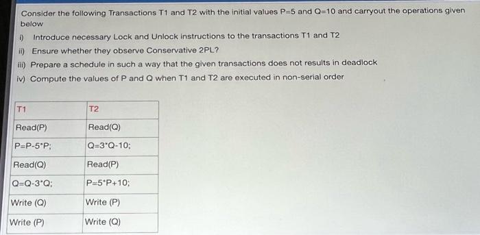 Solved Consider the following Transactions T1 and T2 with | Chegg.com