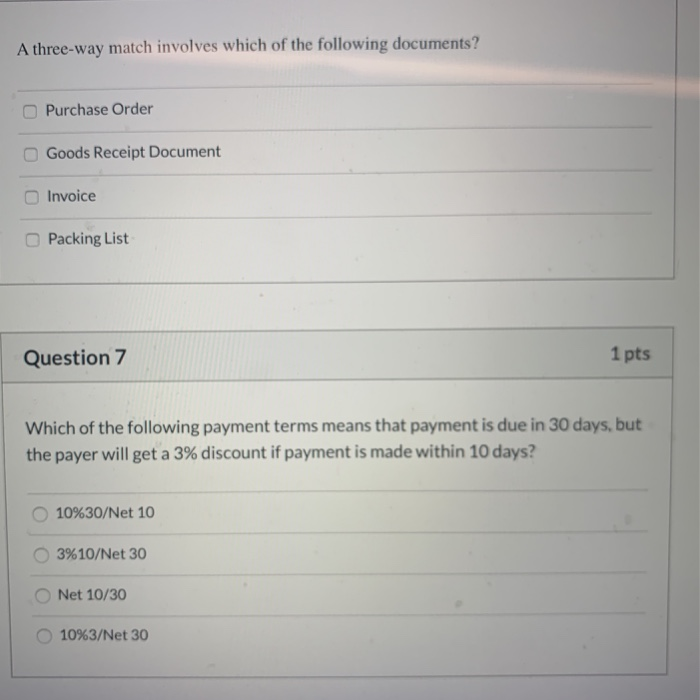 Solved A three-way match involves which of the following | Chegg.com