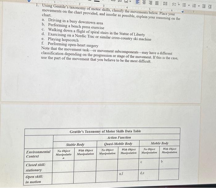 Solved 1. Using Gentile's taxonomy of motor skills, classify | Chegg.com