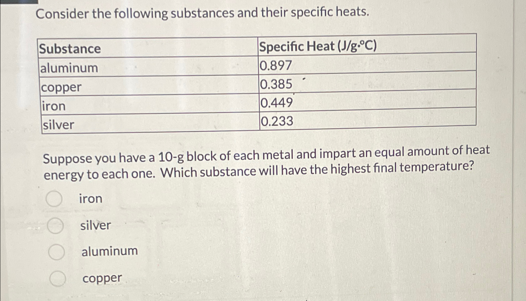 Solved Consider the following substances and their specific | Chegg.com