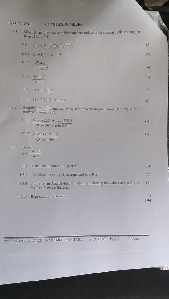 Solved QUESTION 1 COMPLEX NUMBERS 1.1 Simplify the following | Chegg.com