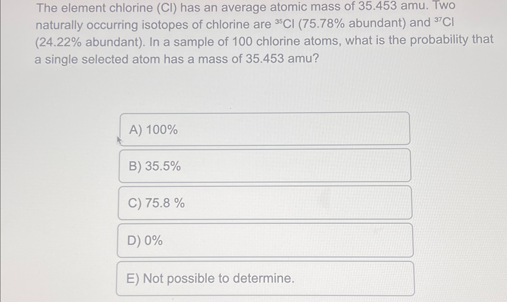 Solved The element chlorine (Cl) ﻿has an average atomic mass | Chegg.com