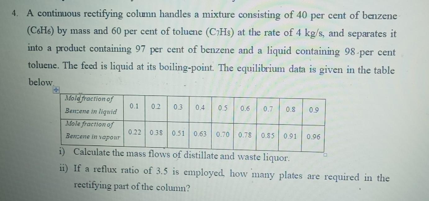 Solved a 4. A continuous rectifying column handles a mixture | Chegg.com