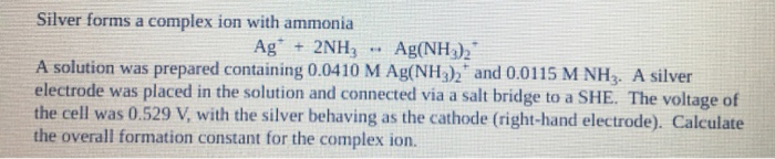 Solved Silver forms a complex ion with ammonia Ag+ + 2NH2 - | Chegg.com