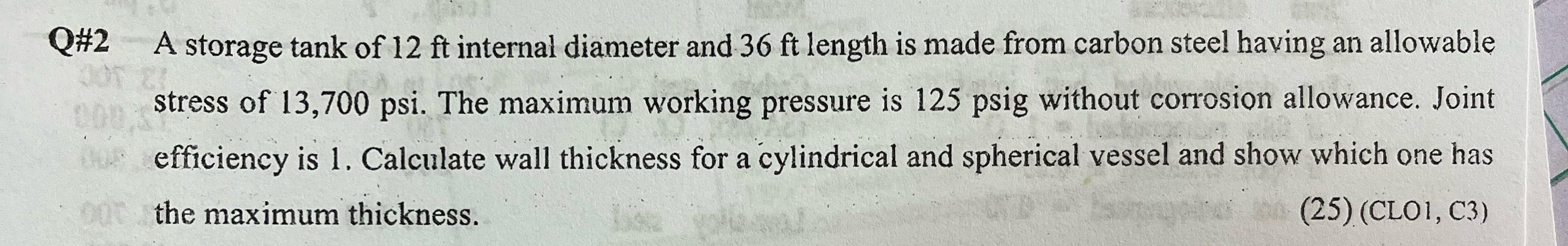 Solved Q#2 ﻿A storage tank of 12ft ﻿internal diameter and | Chegg.com