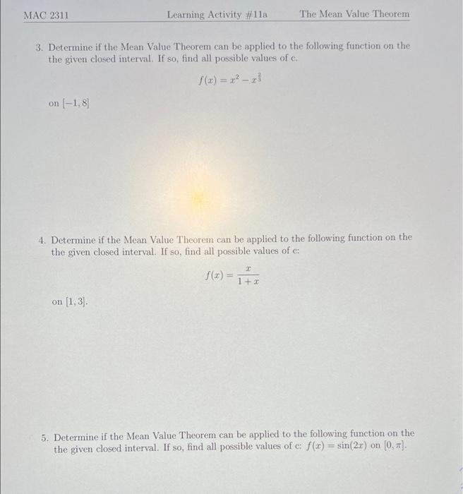 Solved MAC 2311 Learning Activity #lla The Mean Value | Chegg.com