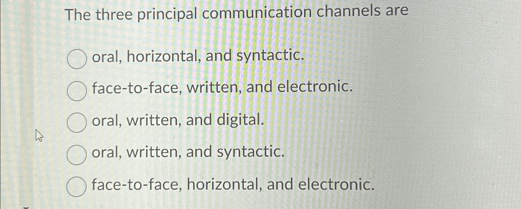 Solved The three principal communication channels areoral, | Chegg.com